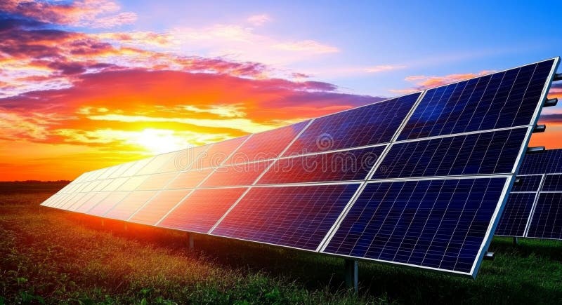 Green Energy is Harnessed by a Solar Panel Array As the Sun Sets Behind ...