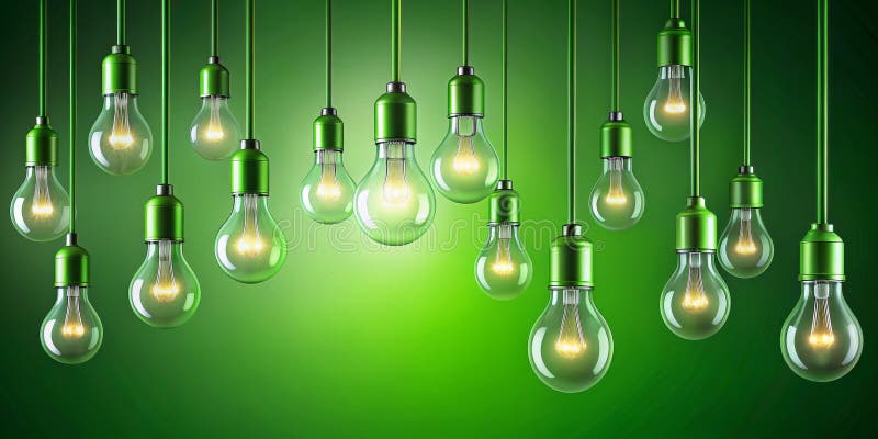 Green Energy Illuminated Ideas - Many Bulbs, Green Background Stock ...