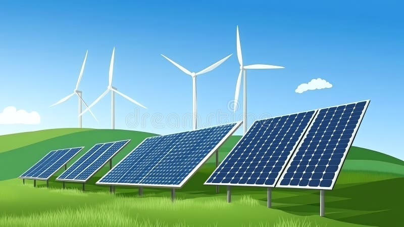 Green Energy Illustration: Solar Panels and Wind Turbines Stock ...
