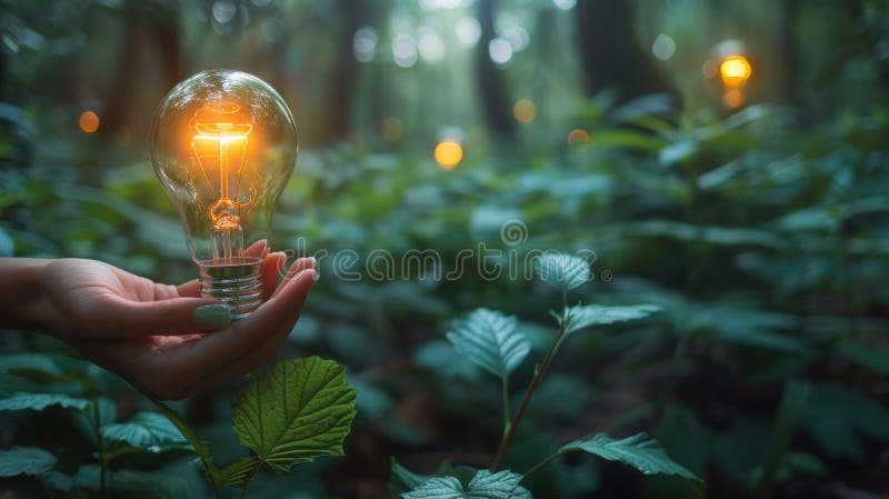 Green Energy Innovation: Hand Holding Light Bulb on Leaf for ...