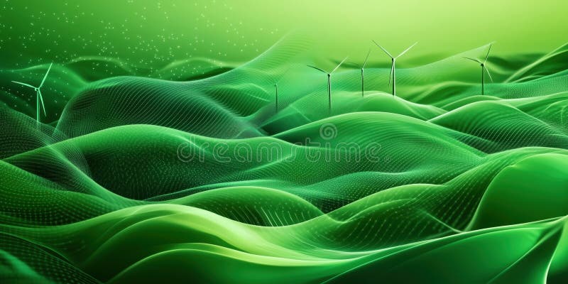 Green Energy Landscape with Wind Turbines and Flowing Abstract Waves ...
