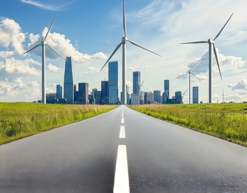 Green Energy Resources in the Cityscape Along an Empty Road Stock Image ...