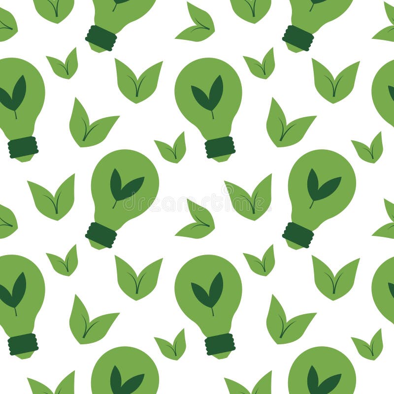 Green Energy Seamless Pattern. a Green Light Bulb and Leaves. Vector ...