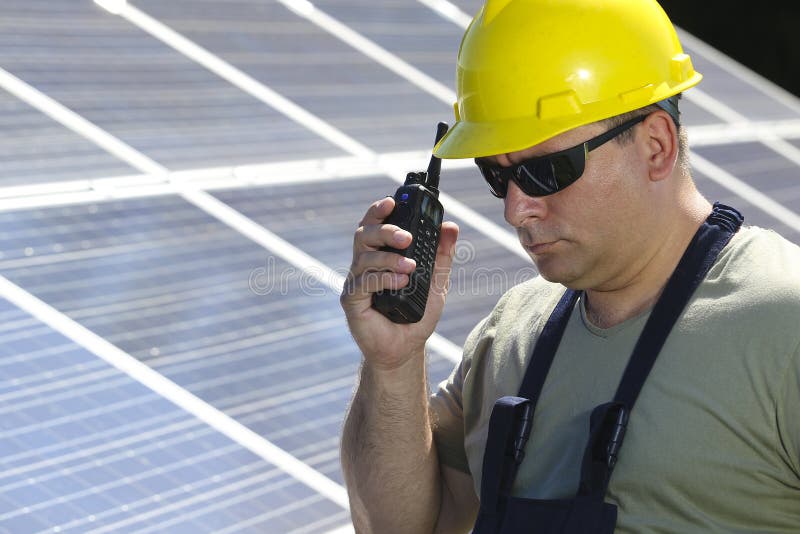 Green Energy, Solar Panel and Worker with Walkie Talkie Stock Image ...