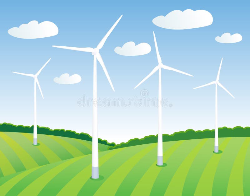Landscape with Wind Farm in Green Fields among Trees.Ecology Concept ...
