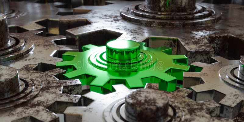 Green Engineering Gear Wheel Engine in Working Machine 3d Render ...