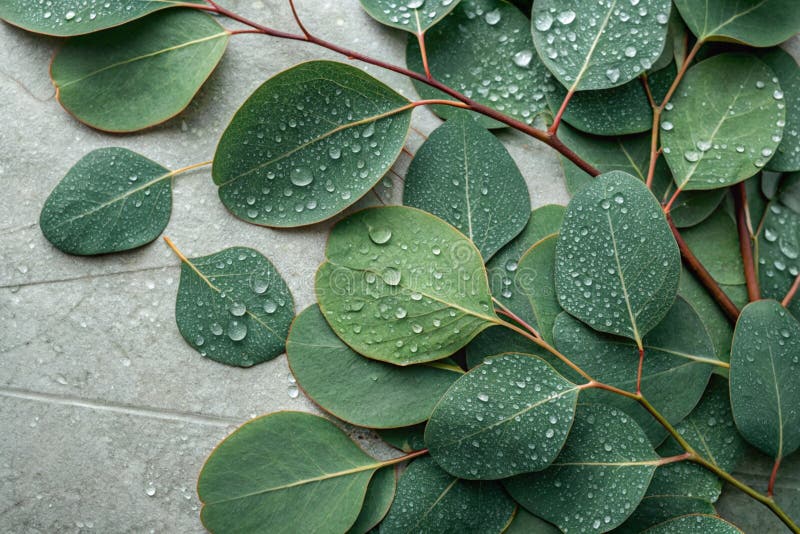 Green Eucalyptus Leaves with Raindrops and Dew Stock Illustration - Illustration of fresh ...