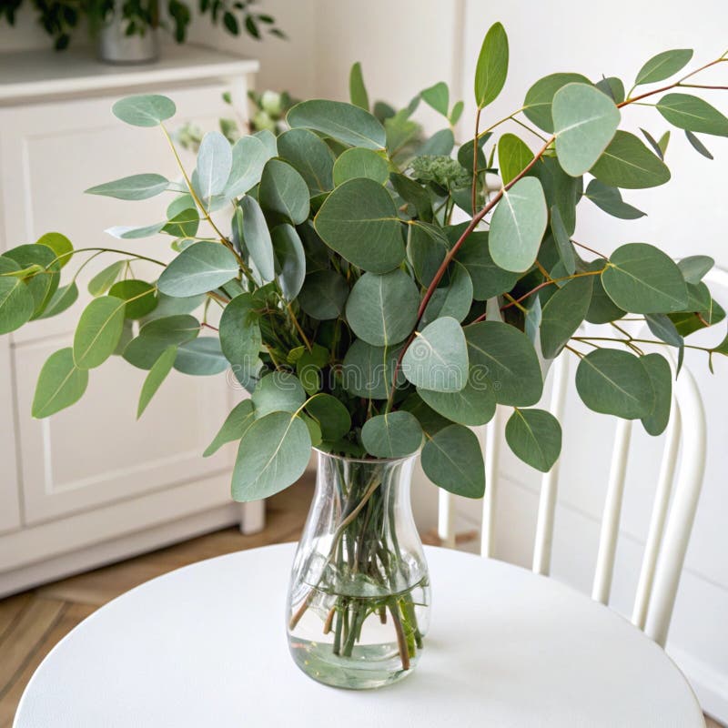 Green Eucalyptus Leaves in Vase on White Table Stock Illustration - Illustration of modernstyle ...