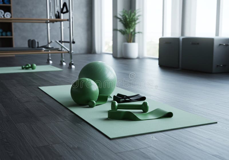 Green Exercise Equipment on a Mat in a Modern Gym, Ready for a Workout ...