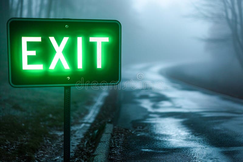 Green Exit Sign Glowing in Fog, Marking a Safe Path in a Dark, Misty ...