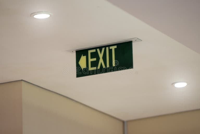 Green Exit Sign and Light on the Ceiling Stock Image - Image of indoor ...