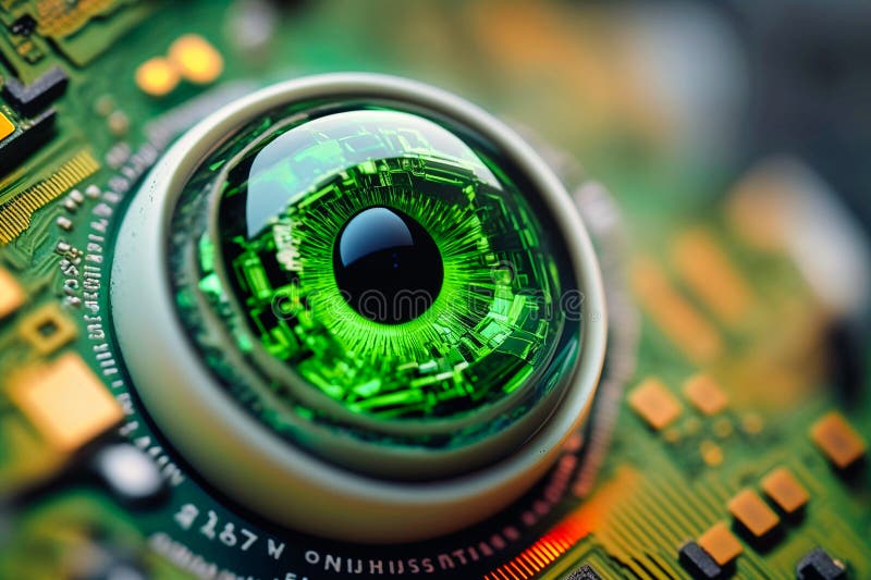 Green Eye on a Circuit Board Close-up, Generative AI Stock Illustration ...