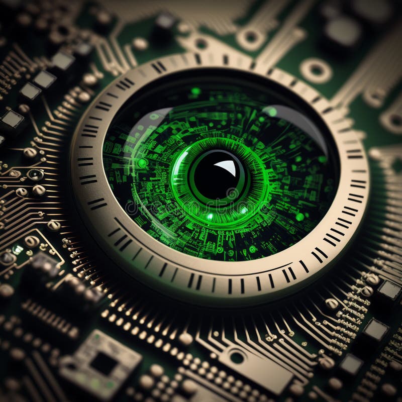 Green Eye Circuit Board with Microchips AI Stock Illustration ...