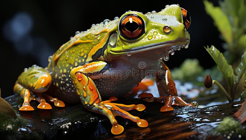 Green Eyed Tree Frog Sitting on Wet Branch Generated by AI Stock Photo ...