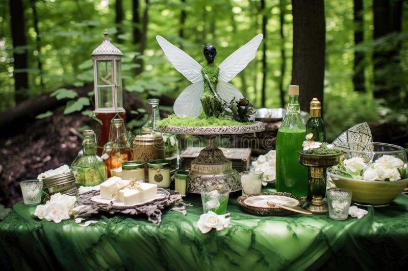 Green Fairy-themed Picnic Setup with Absinthe Stock Illustration ...
