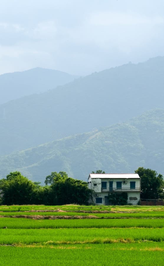 Green Farm with House and Mountain Far Away Stock Image - Image of grow ...