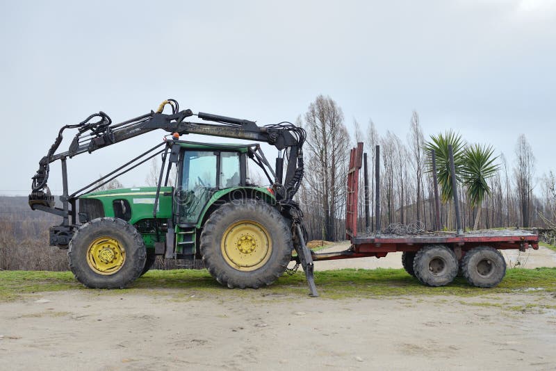 Green Farm Tractor with Trailer Editorial Photography - Image of grain ...
