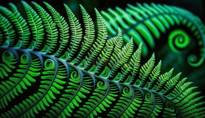 Green Fern Frond Pattern on Black Backdrop ,generative AI Stock ...