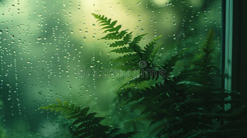 Green Fern Leaves Behind a Raindrop-covered Window Stock Photo - Image ...