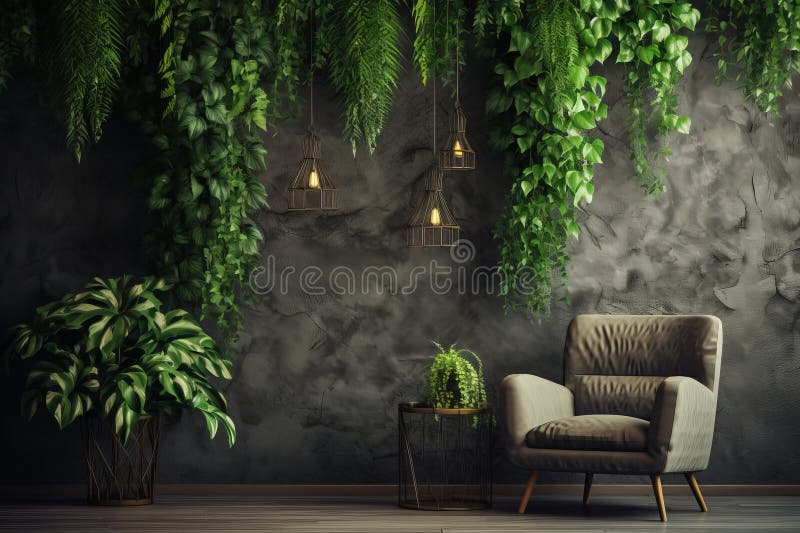 Green Ferns and Leaves are Hanging on a Wall of a Room Stock ...