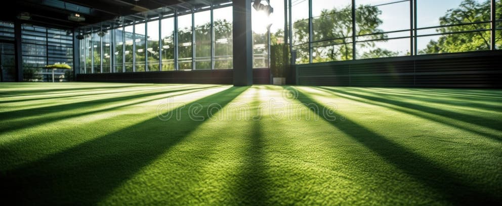 A Green Field with Artificial Grass and Some Sunbeams Stock Photo ...