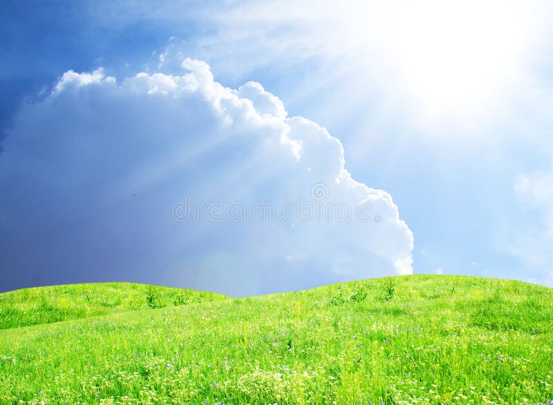 Green Field,blue Sky and Sun Stock Photo - Image of countryside, field ...