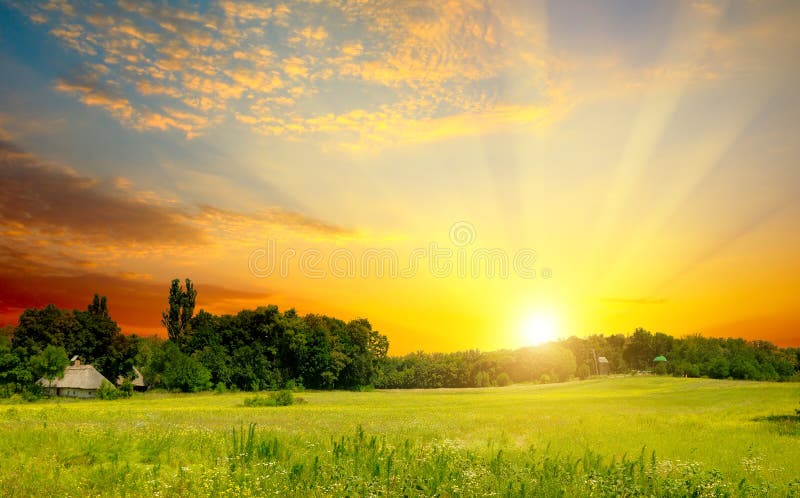 Green Field and Bright Sunset Stock Photo - Image of land, hills: 159467634
