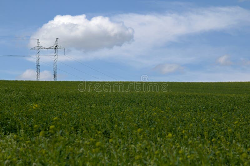 Green Field with Electric Tower Stock Photo - Image of cloud, pole ...