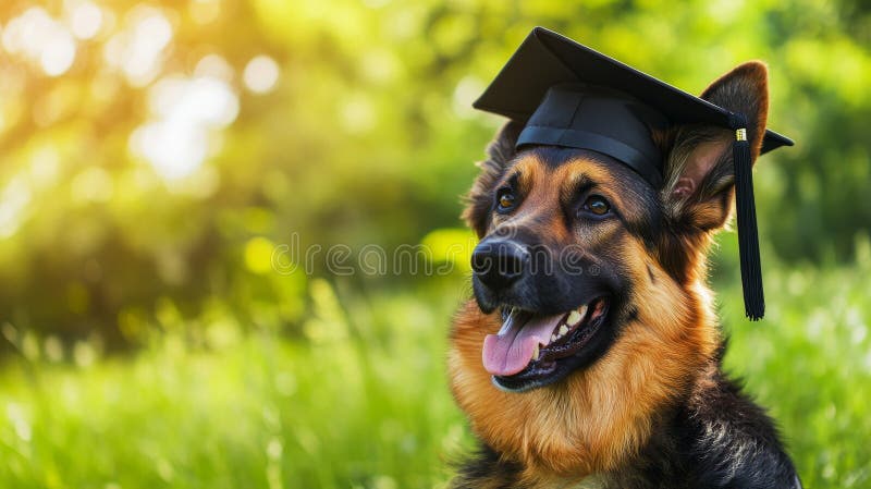 On a Green Field, a German Shepherd Wears a Graduation Cap. Stock Photo ...