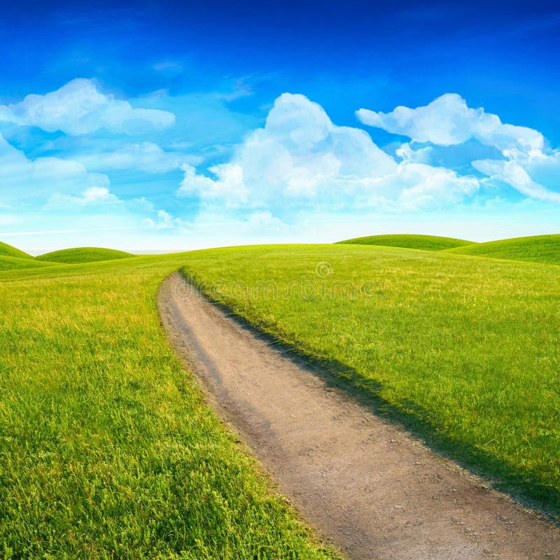 Green Field Grass with Dirt Road and Blue Sky Stock Image - Image of ...