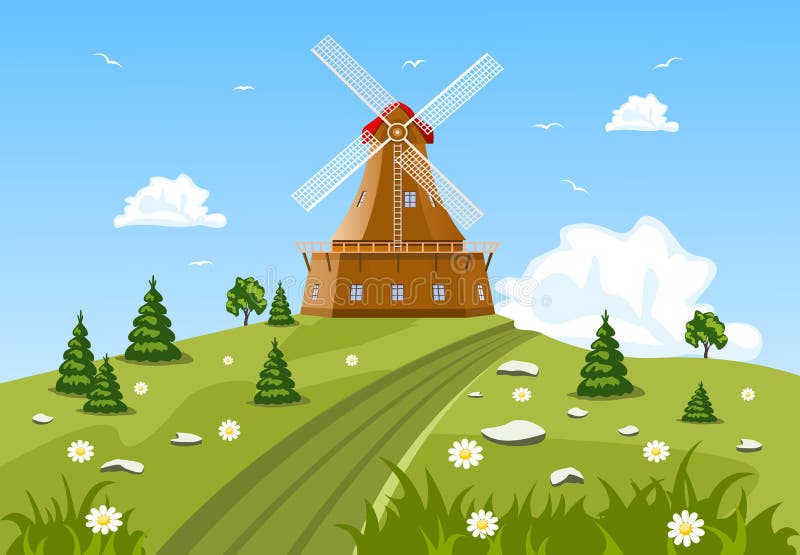 Cartoon Landscape with a Windmill Stock Vector - Illustration of ...