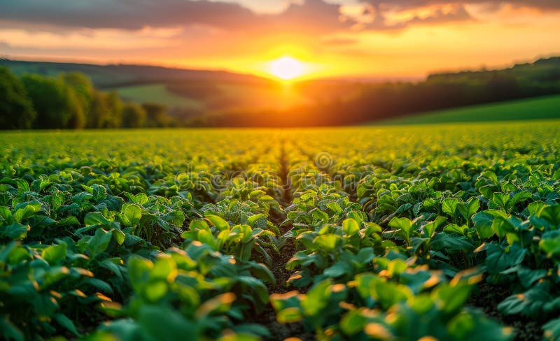 Green Field of Potato Crops in Row at Sunset Stock Photo - Image of ...