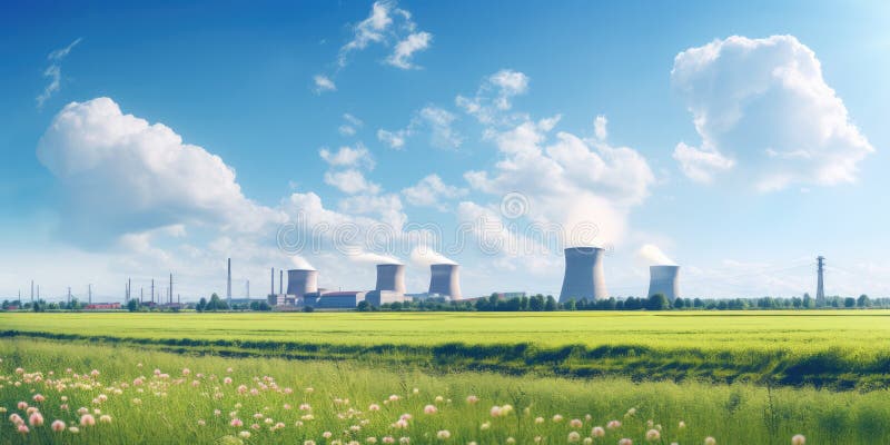 A Green Field with a Power Plant in the Background Stock Illustration ...