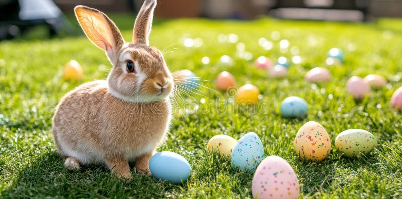 In a Green Field, a Rabbit is Resting Surrounded by Brightly Colored ...