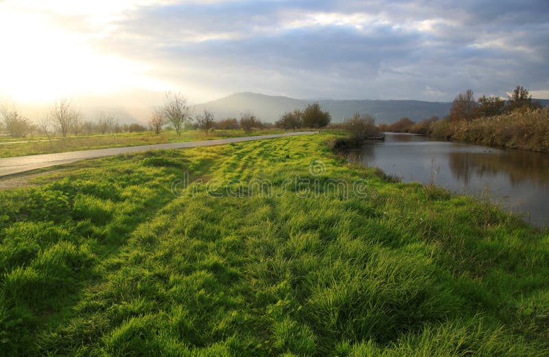 Green Field and River Lit by Strong Sun Light Stock Photo - Image of ...