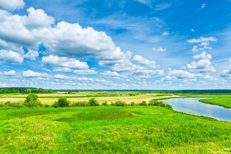 Green Field with River and Sky Stock Image - Image of environment ...