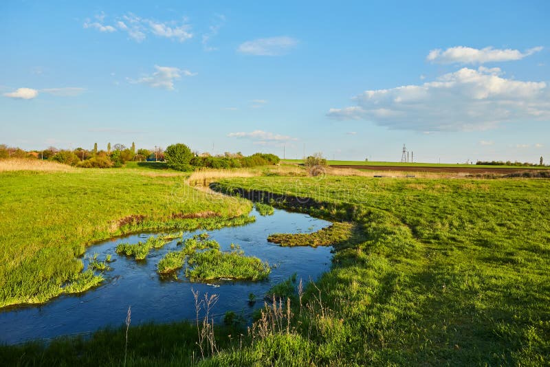 Green field with river stock image. Image of view, field - 211008335