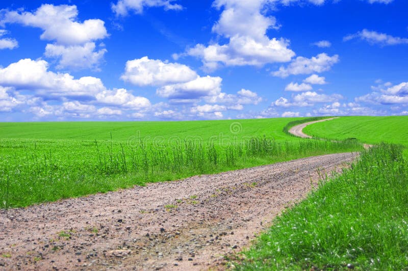 Green Field with Road and Blue Sky. Stock Image - Image of nature, road ...