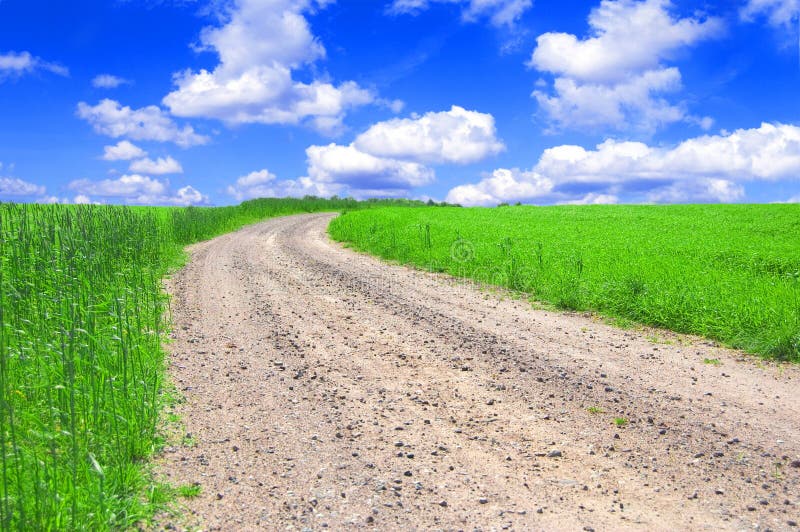 Green Field with Road and Blue Sky. Stock Image - Image of outside ...