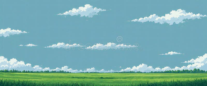 Green Field with Sky Background in Pixel Art Style. Anime Style Stock ...