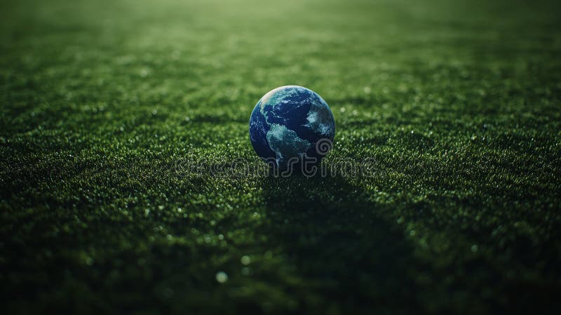 On a Green Field, a Small Blue and Green Planet Sits, Surrounded by ...