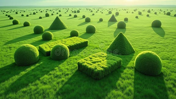 Green Field with Spherical, Pyramid, and Rectangular Grass Forms Stock ...