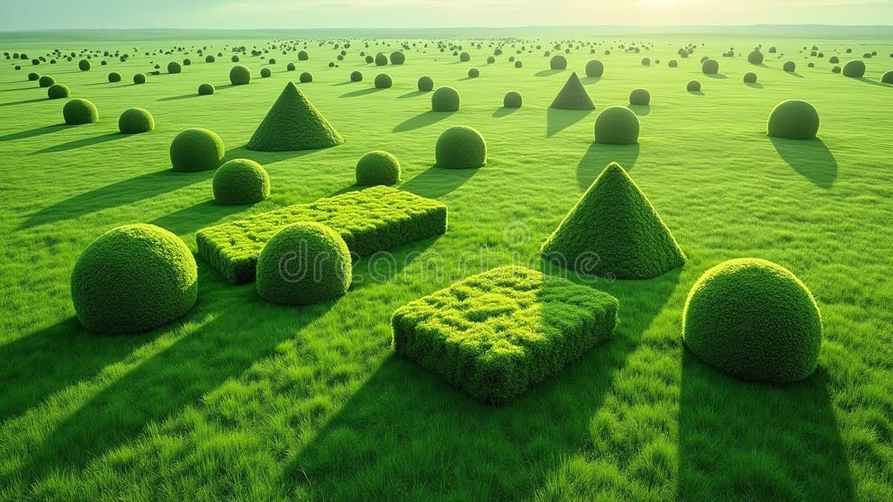 Green Field with Spherical, Pyramid, and Rectangular Grass Forms Stock ...