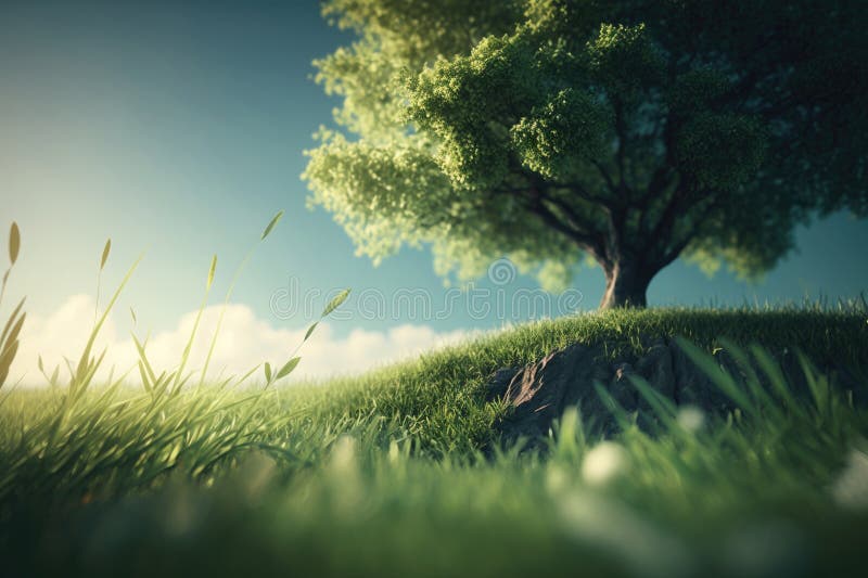 Green Field, Tree and Blue Sky. Illustration AI Generative Stock Photo ...