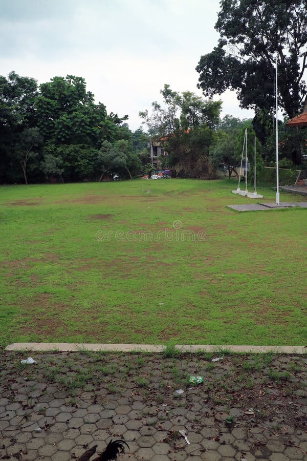 Green Field with Trees and Flag Poles View Stock Photo - Image of flag, path: 380403454