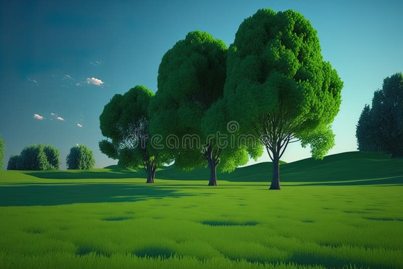Green Field with Trees, a Lawn, and the Sky in the Distance Stock ...