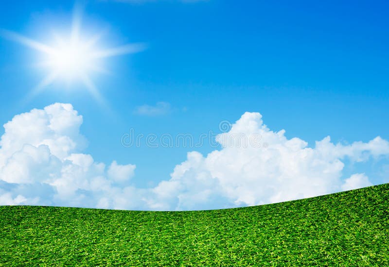 Green Field Under Blue Sky and Sun Stock Photo - Image of sunny, field ...