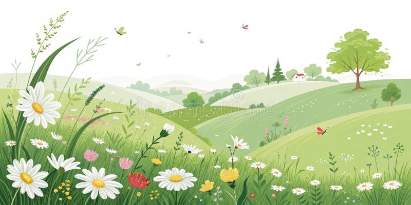 Green Fields with Daisies and Butterflies, Spring , Landscape Stock ...