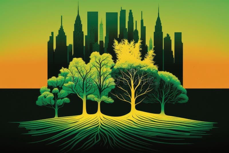 Green Fields with Trees Skyline in the Distance Illustration ...
