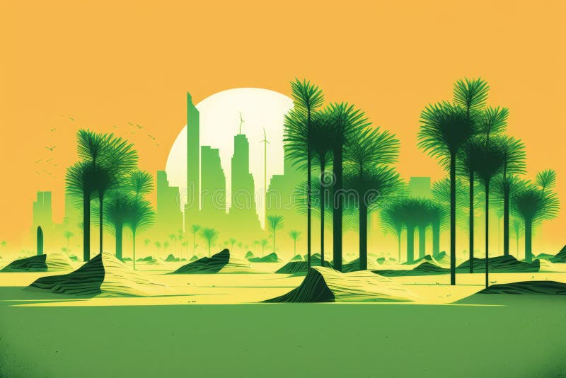 Green Fields with Trees Skyline in the Distance Illustration ...